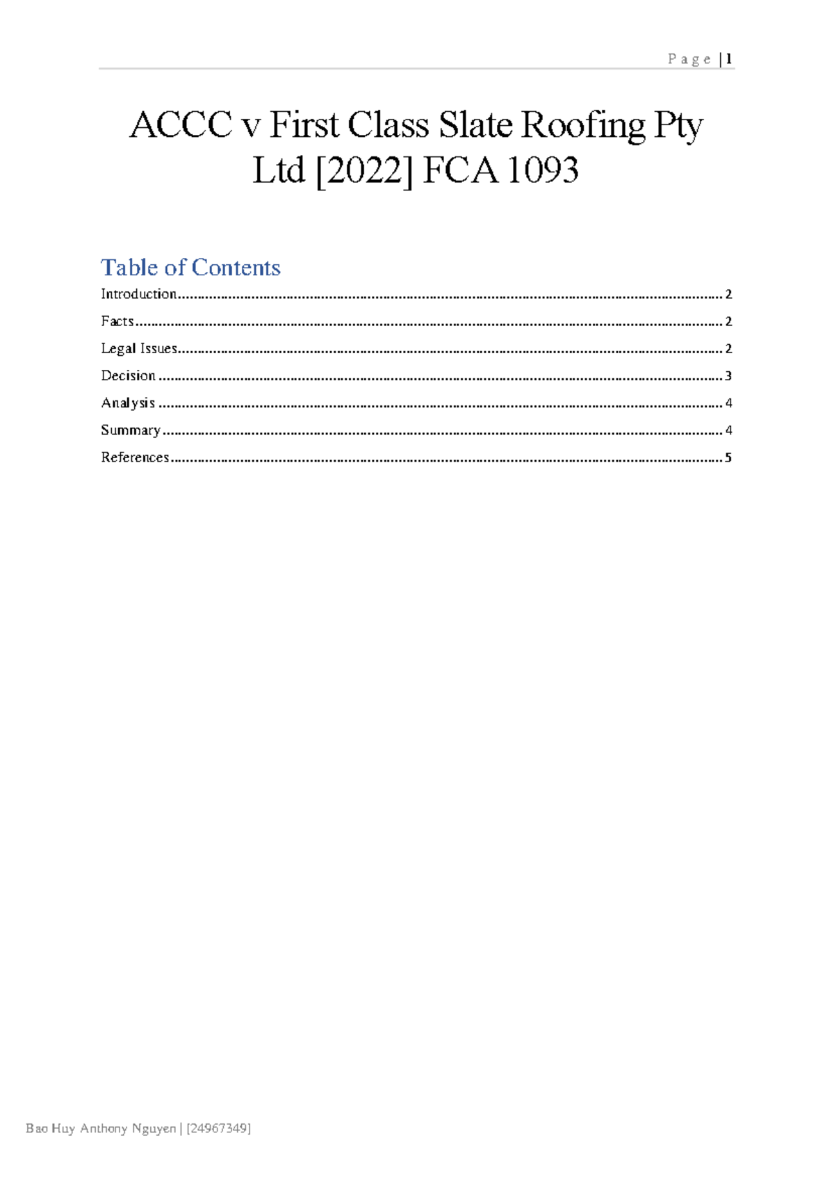 ACCC v First Class Slate Roofing Pty Ltd Case Note PDF - ACCC v First ...