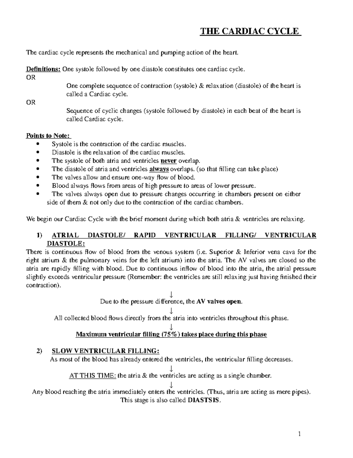 Cardiac cycle notes - THE CARDIAC CYCLE The cardiac cycle represents ...