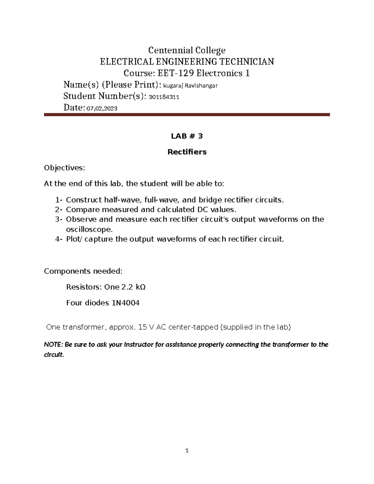 EET-129 LAB 3 Rectifiers 23W - Centennial College ELECTRICAL ...