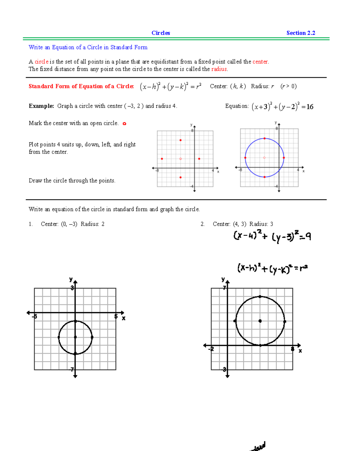 Circles 2.2 Math 103 - Circles Section 2. Write an Equation of a Circle ...