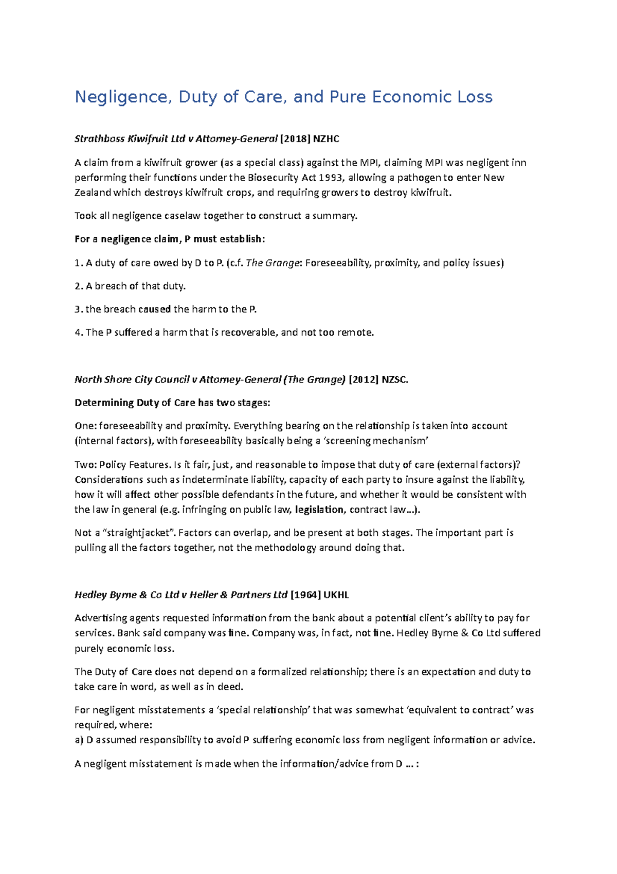 Negligence and negligent misstatement summary and case notes ...