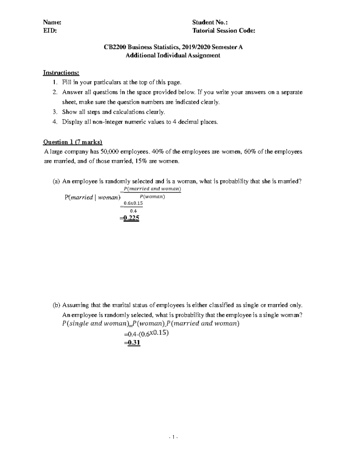 Additional Assignment ans - Name: Student No.: EID: Tutorial Session ...