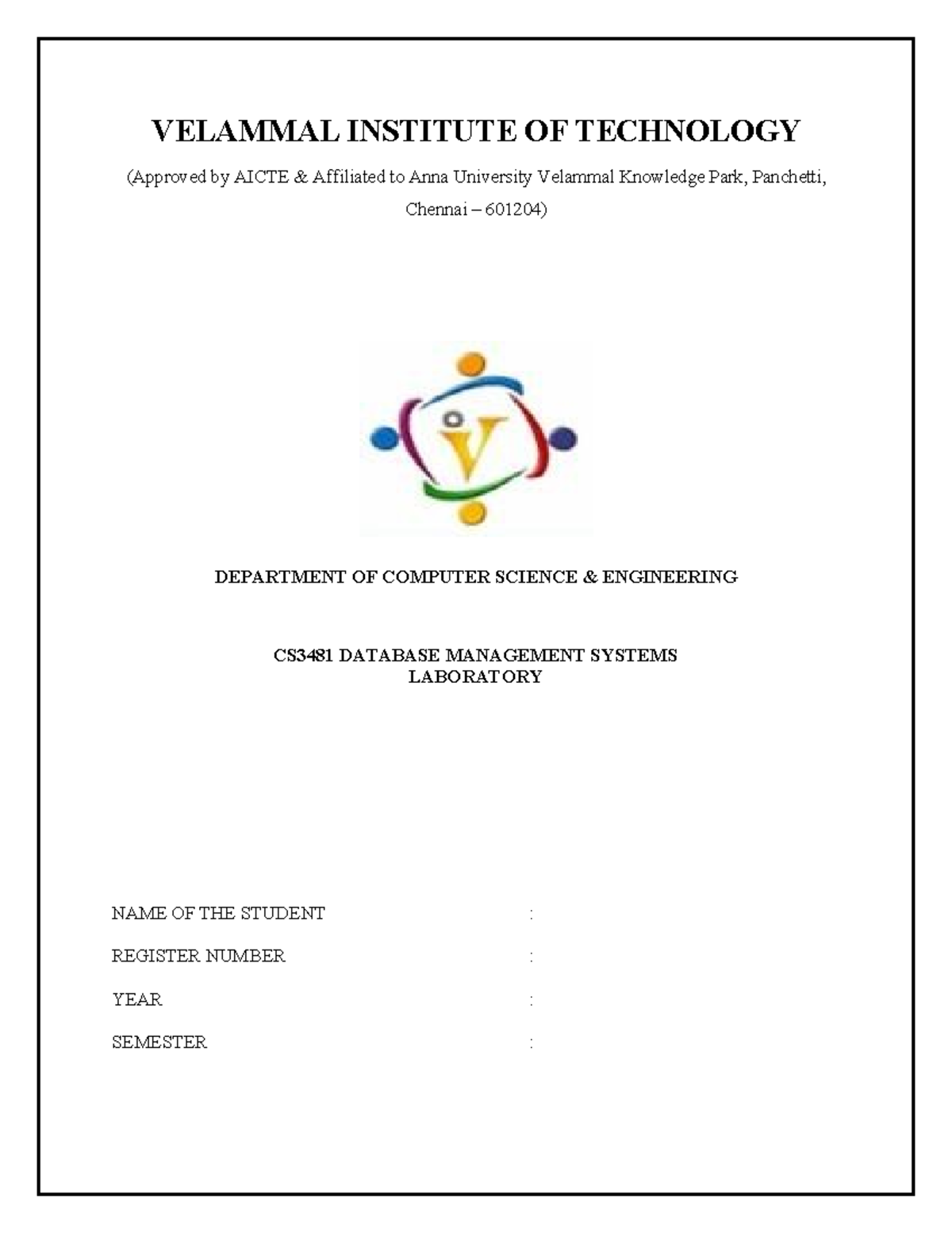 CS 3481 DBMS LAB Record Final - VELAMMAL INSTITUTE OF TECHNOLOGY ...