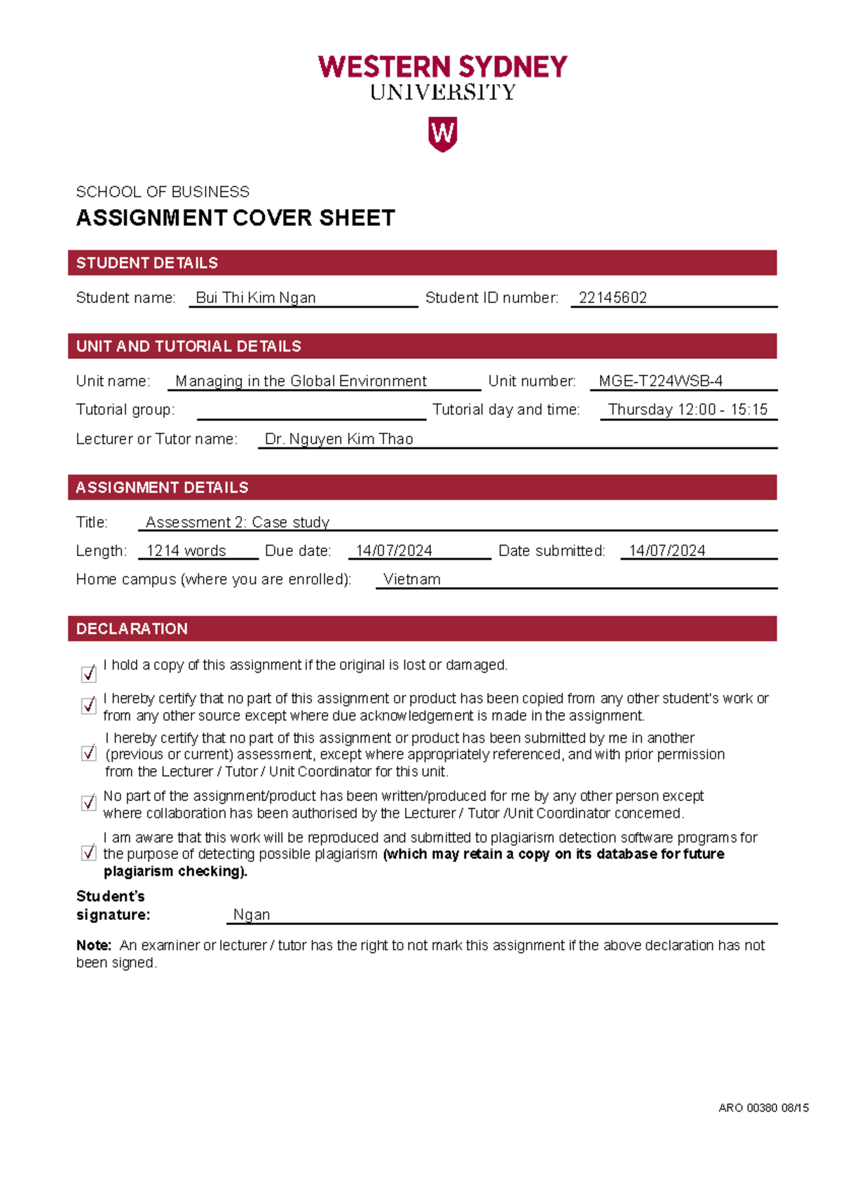 MGE4 - A2 Case Study - 22145602 - BUI Thi Kim Ngan - SCHOOL OF BUSINESS ASSIGNMENT COVER SHEET ...