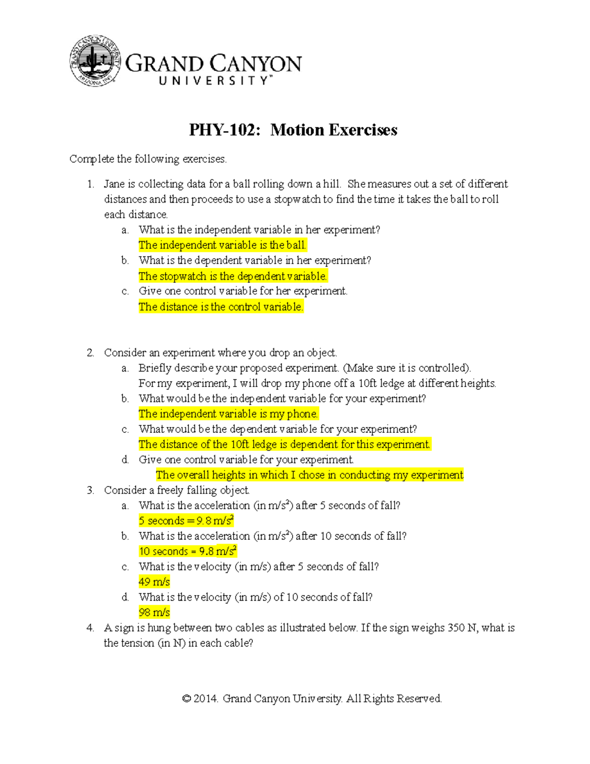 PHY 102 R Motion Exercises 1 - PHY-102: Motion Exercises Complete the following exercises. 1 ...
