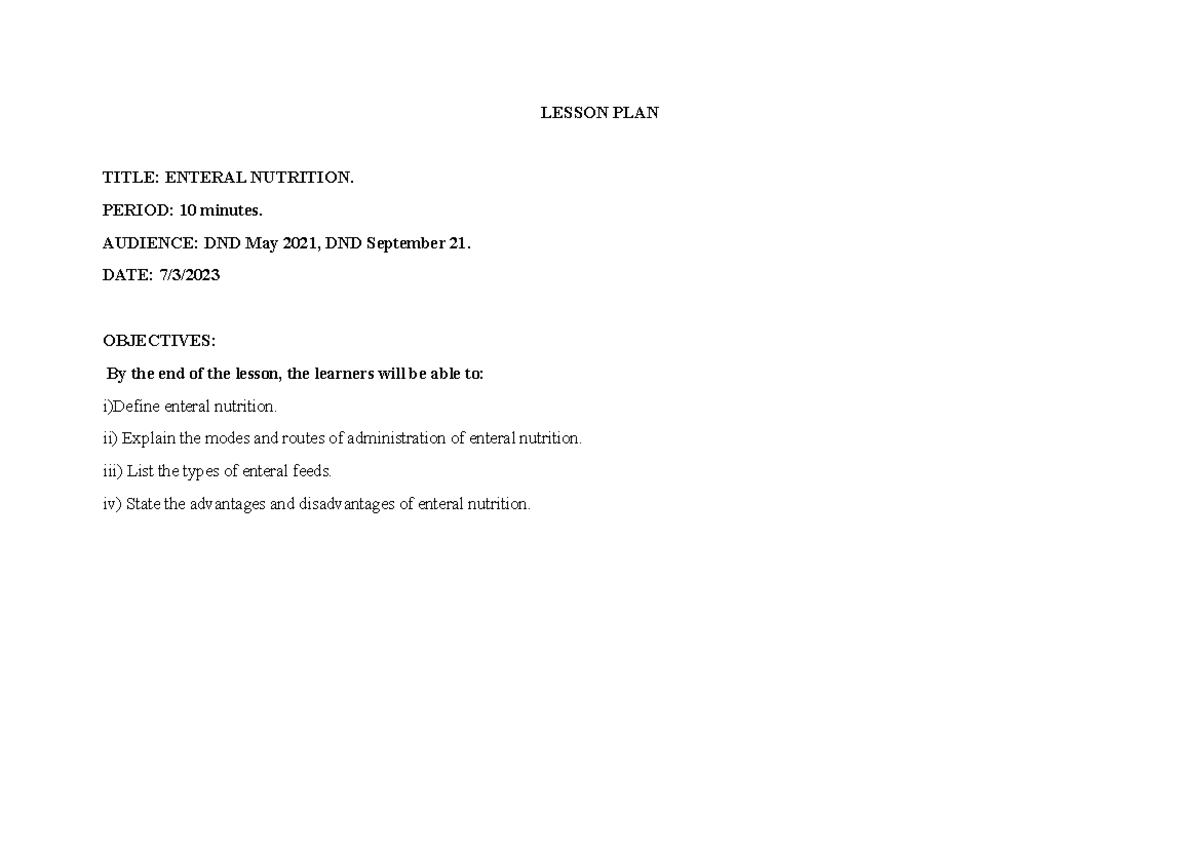 HOPE Lesson PLAN 1 - Notes - LESSON PLAN TITLE: ENTERAL NUTRITION ...