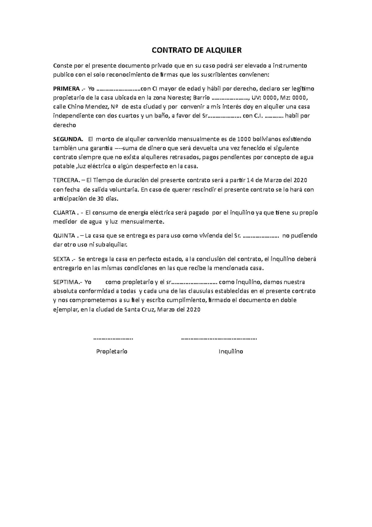 Contrato DE Alquiler - CONTRATO DE ALQUILER Conste por el presente ...