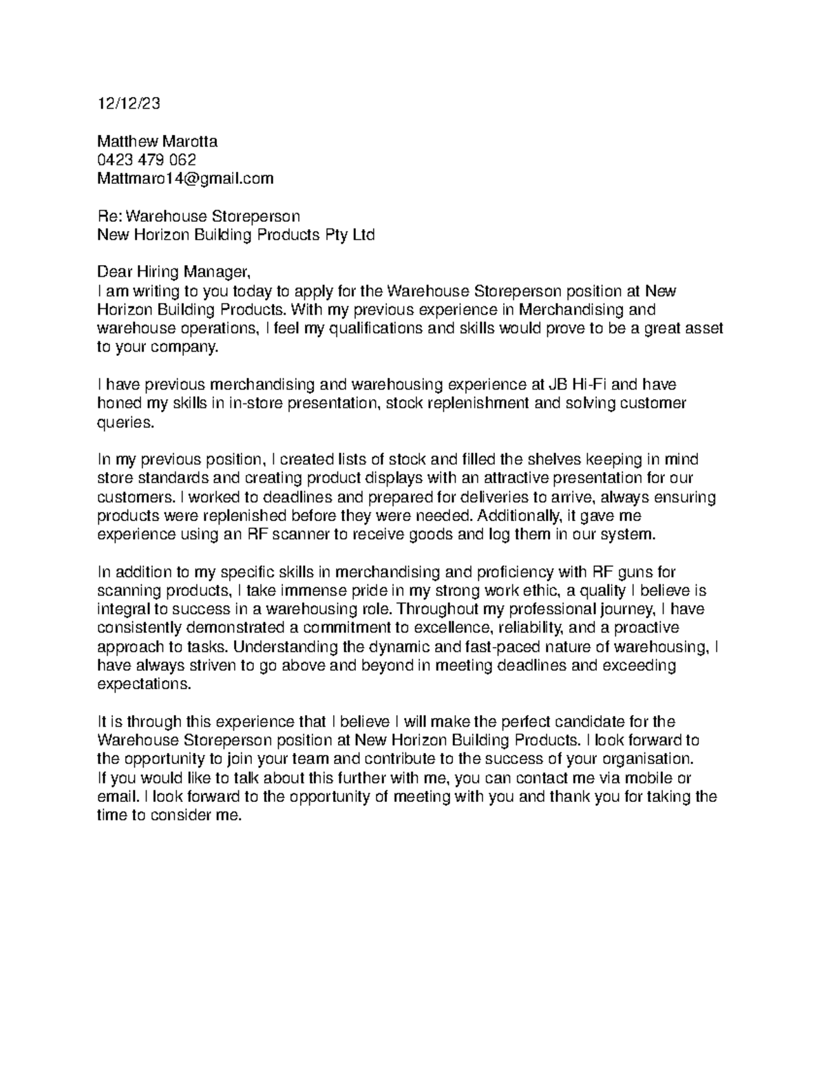 Coverletter - warehousing - 12/12/ Matthew Marotta 0423 479 062 ...