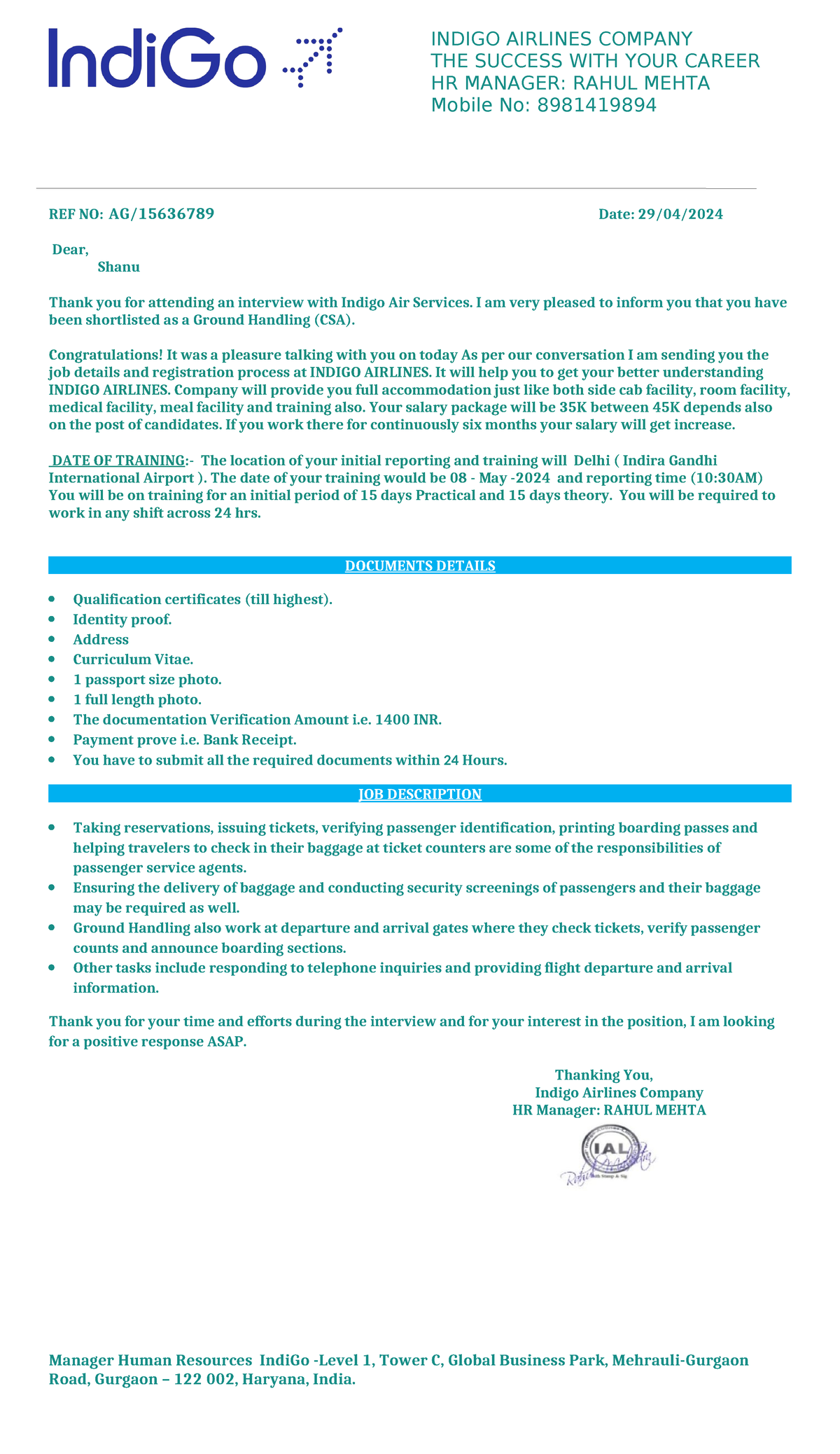 L Ndigo Ground Handling - INDIGO AIRLINES COMPANY THE SUCCESS WITH YOUR ...