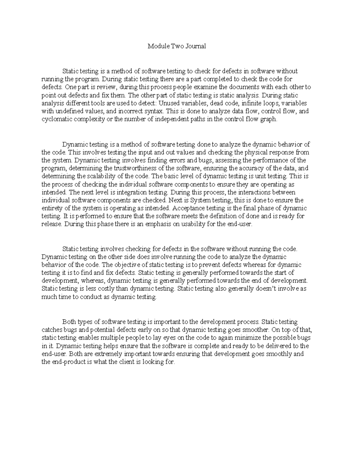 Module Two Journal - Module Two Journal Static testing is a method of ...