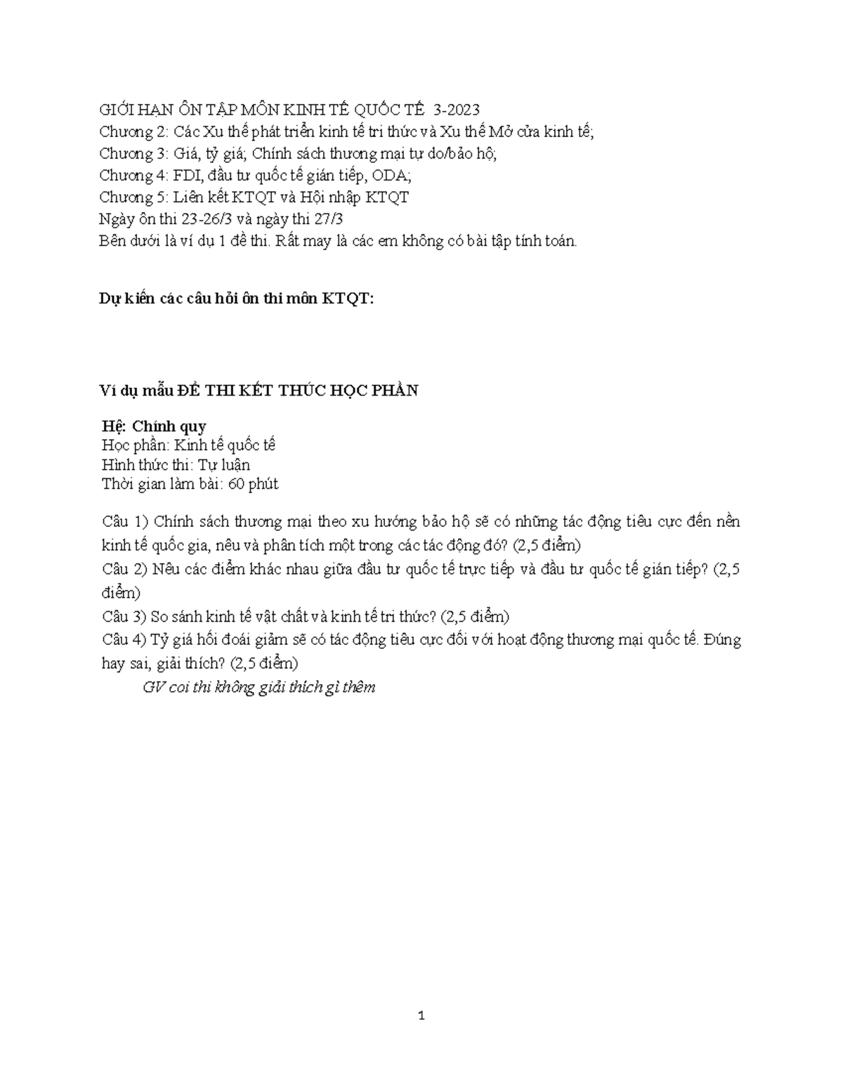 Câu hỏi và Gợi ý Đáp án ôn thi KTQT 3-2024, TS. Nghĩa - GIỚI HẠN ÔN TẬP MÔN KINH TẾ QUỐC TẾ 3 ...