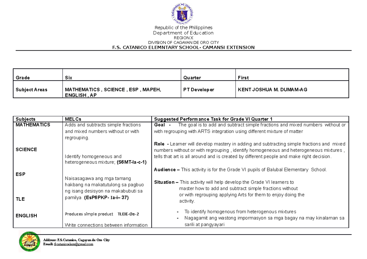 Grade 6 Quarter 1 - Performance task 1 - Republic of the Philippines ...