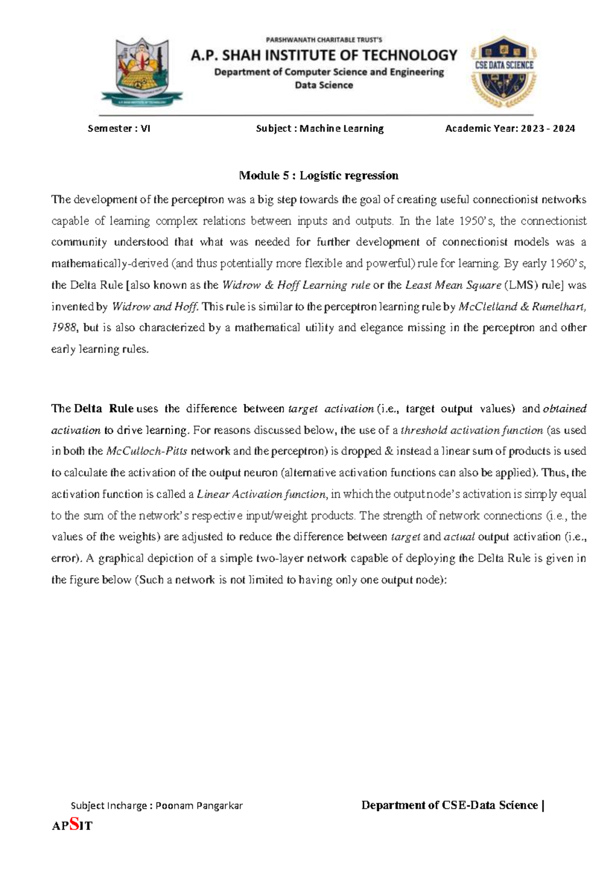 Delta Learning Rule (LMS-Widrow Hoff) - Subject Incharge : Poonam ...