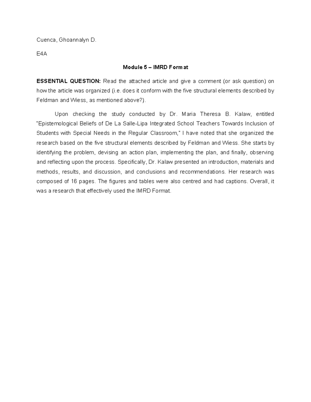 Module 5 – IMRD Format - TESWRIT - Cuenca, Ghoannalyn D. E4A Module 5 ...