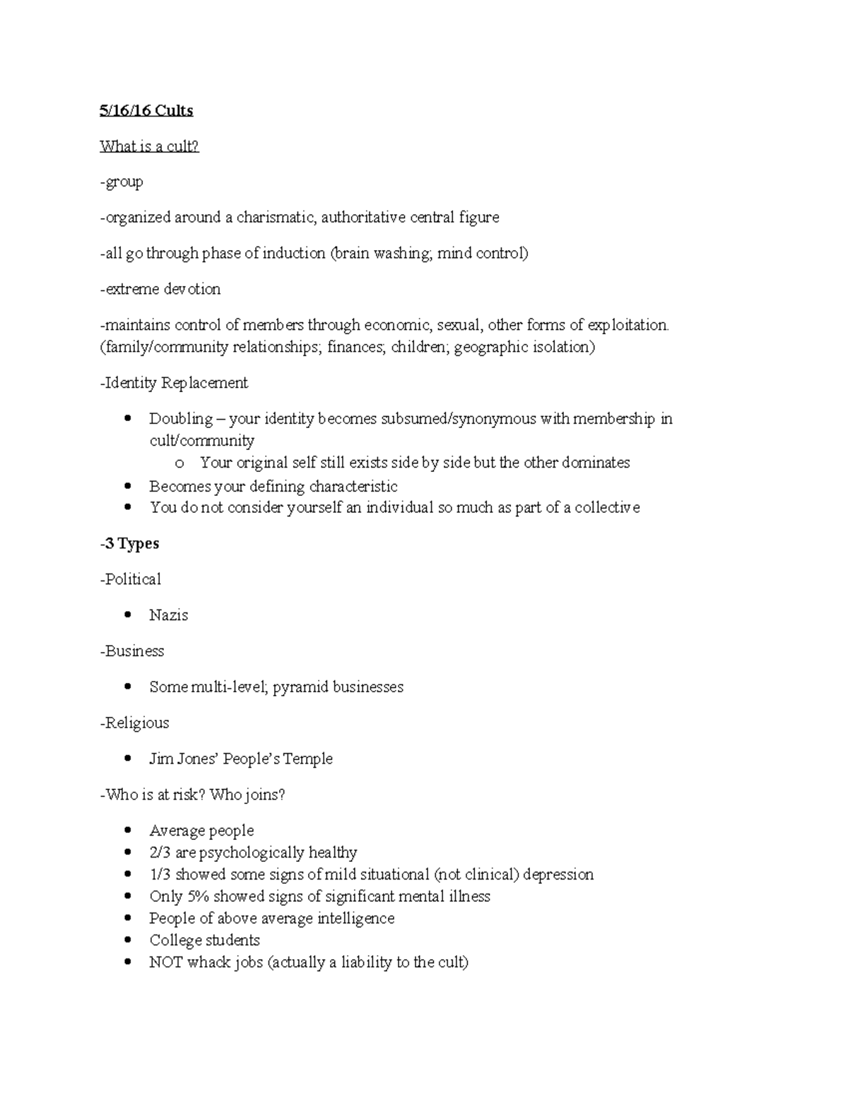 Cults - Professor Catherine Puckering - 5/16/16 Cults What is a cult ...