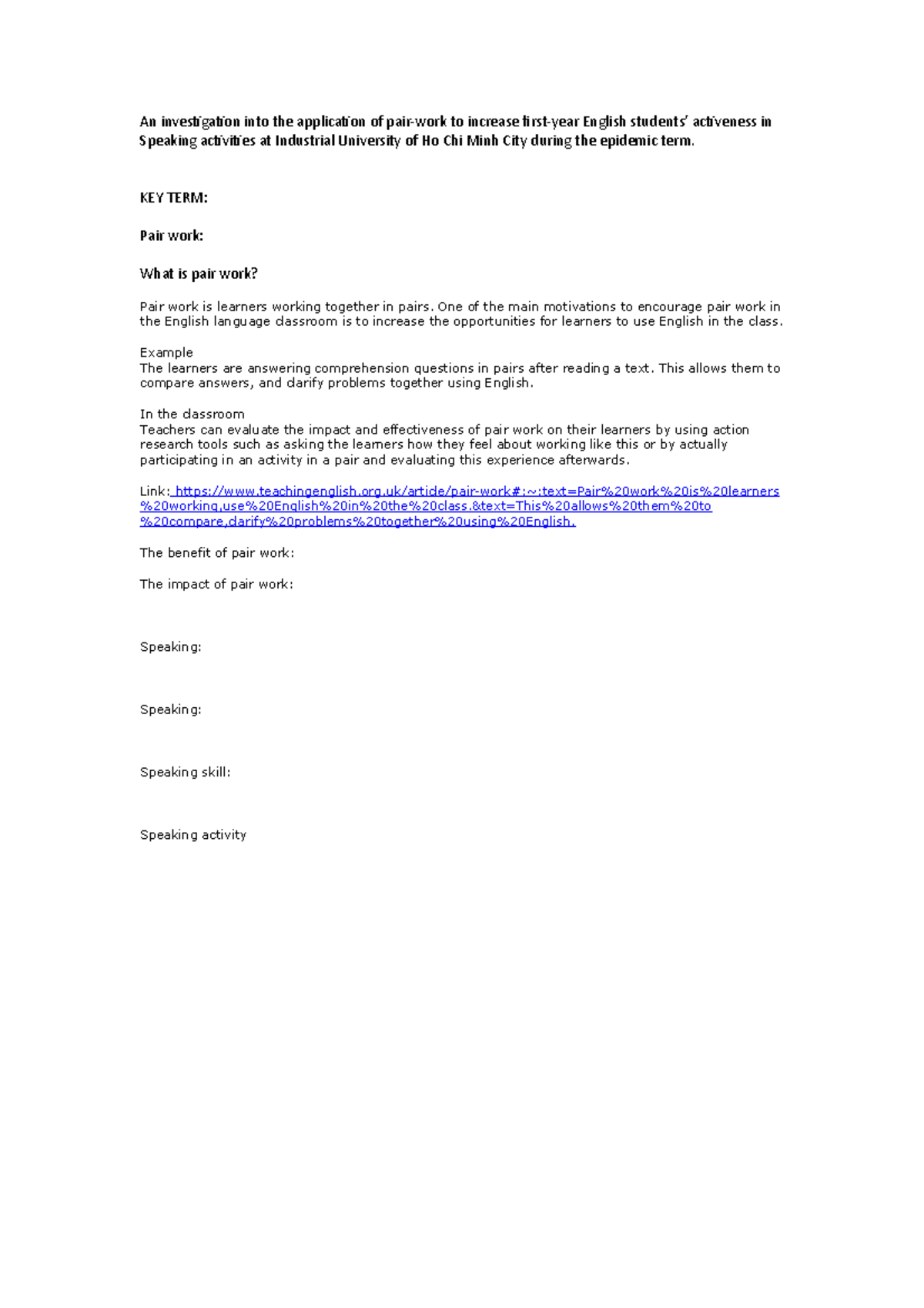 An investigation into the application of pair - KEY TERM: Pair work ...