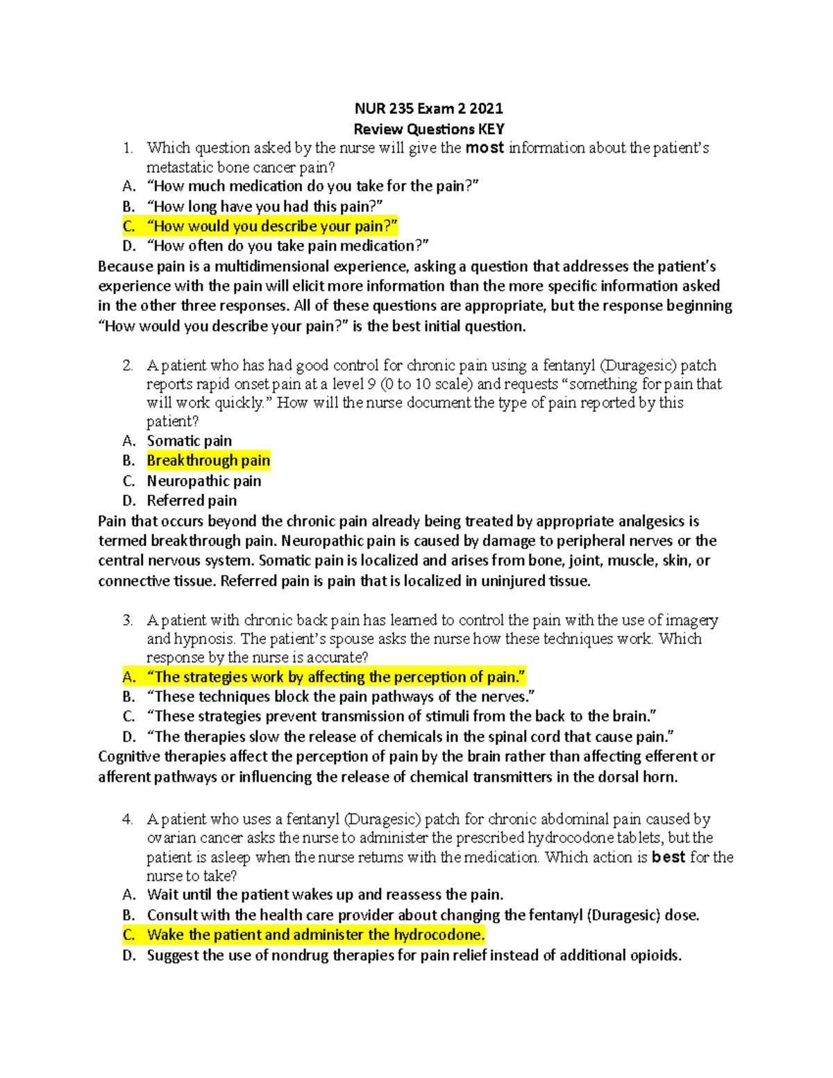 NUR 235 Exam 2 Practice Questions KEY - NUR 235 Exam 2 2021 Review ...