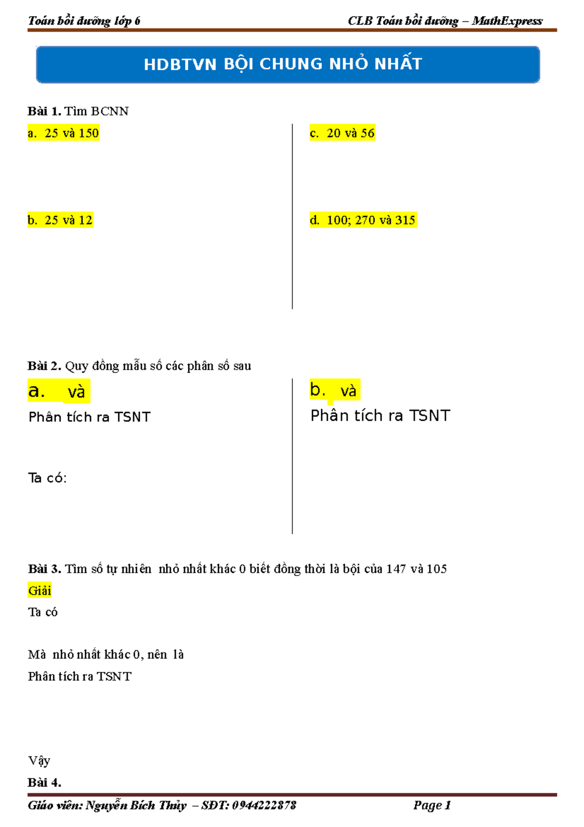 6A3 HBT Hdbtvn BCNN - BCNN - Toán bồi dưỡng lớp 6 CLB Toán bồi dưỡng ...