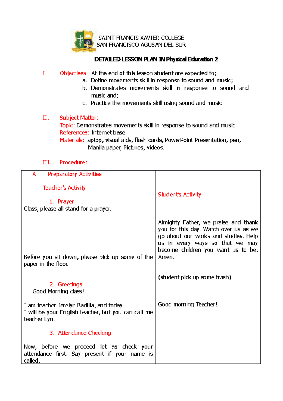 Weekly 4 Final Physical Education 2- Weekly - SAINT FRANCIS XAVIER ...
