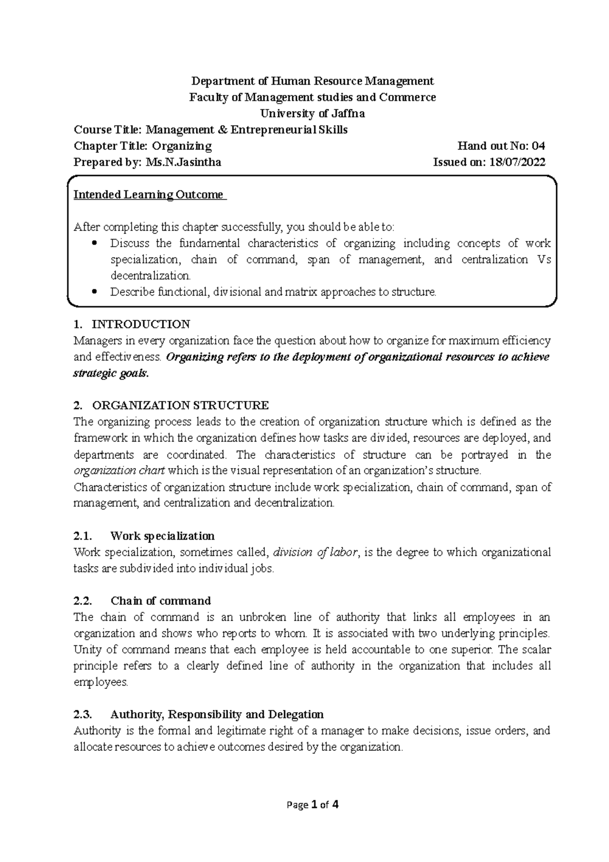 Handout-04 Organizing - Department of Human Resource Management Faculty ...