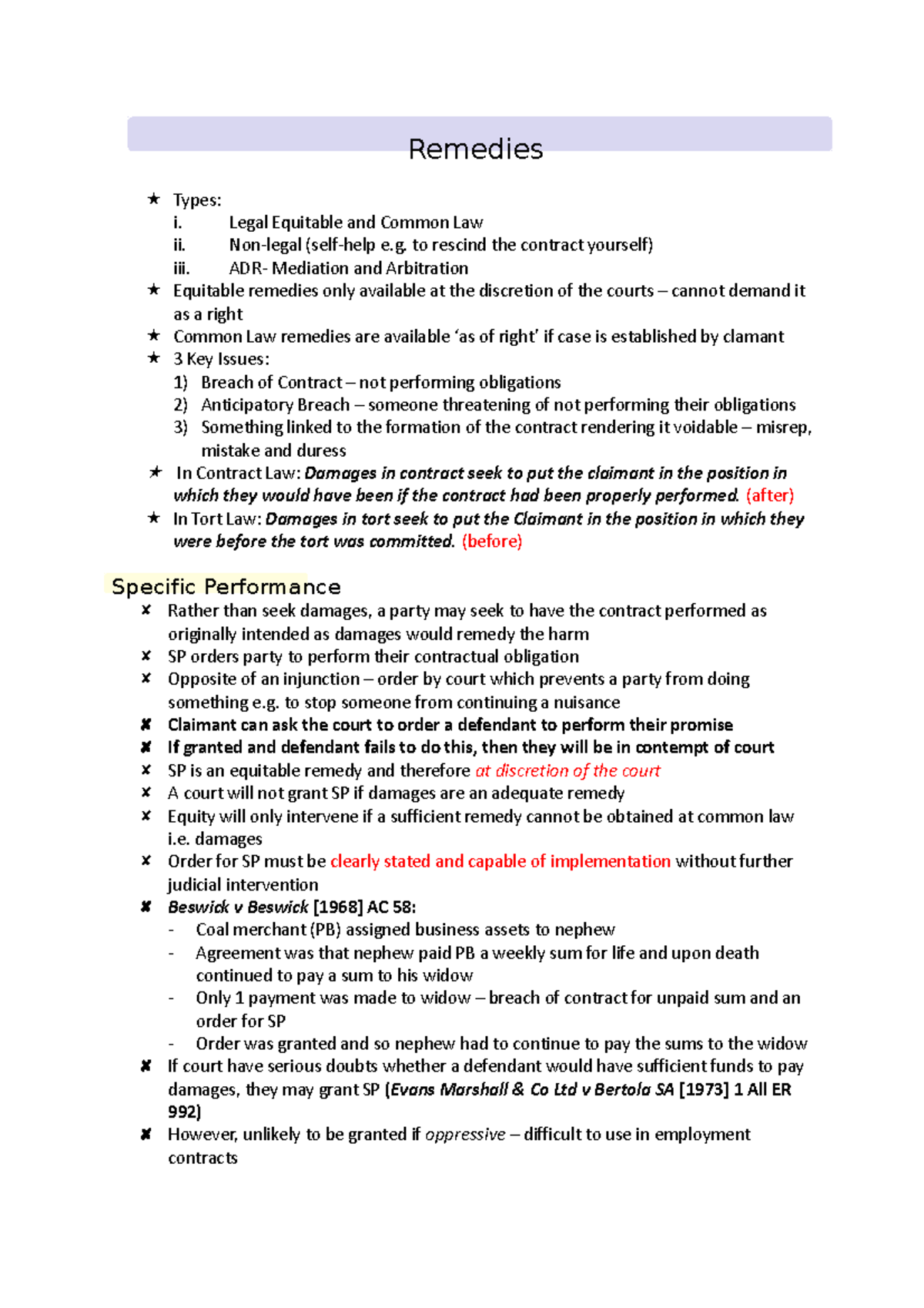Remedies - Remedies « Types: i. Legal Equitable and Common Law ii. Non ...