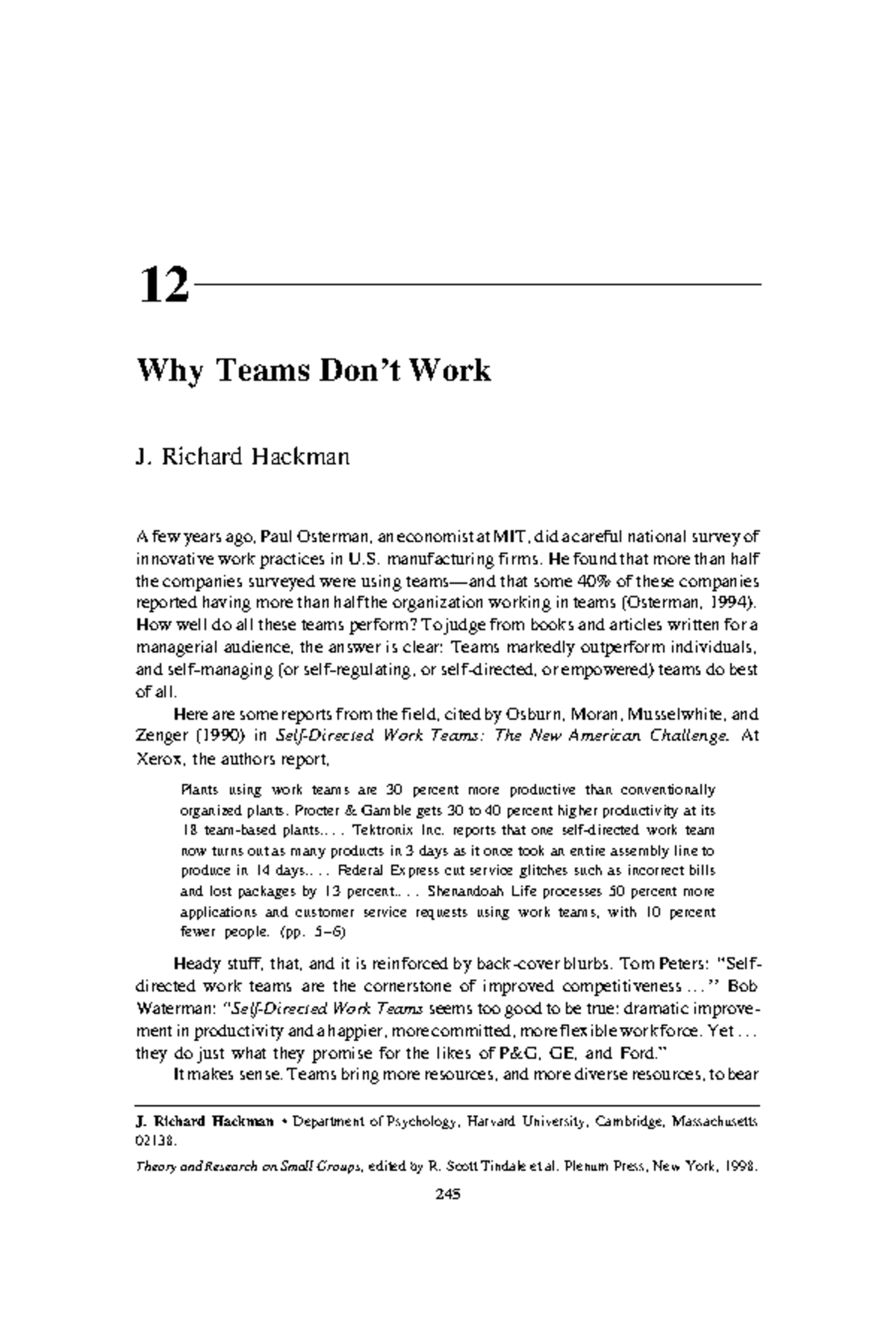 Hackmans Theory Essays - 12 Why Teams Don’t Work J. Richard Hackman A ...