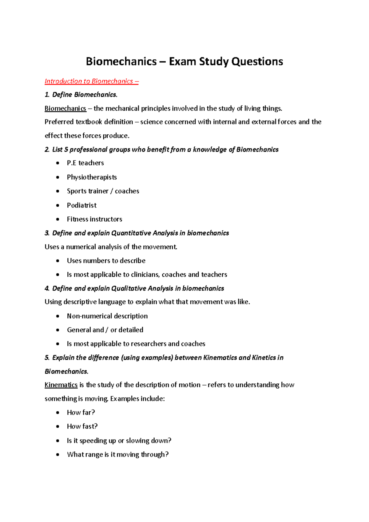 BM Important Questions 1 - Biomechanics – Exam Study Questions ...