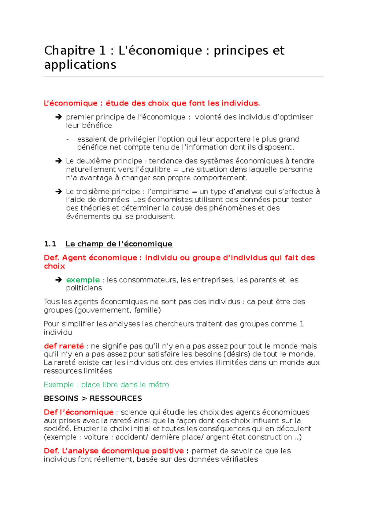 Chapitre 1 - resume chap 1 - Chapitre 1 : L'économique : principes et ...