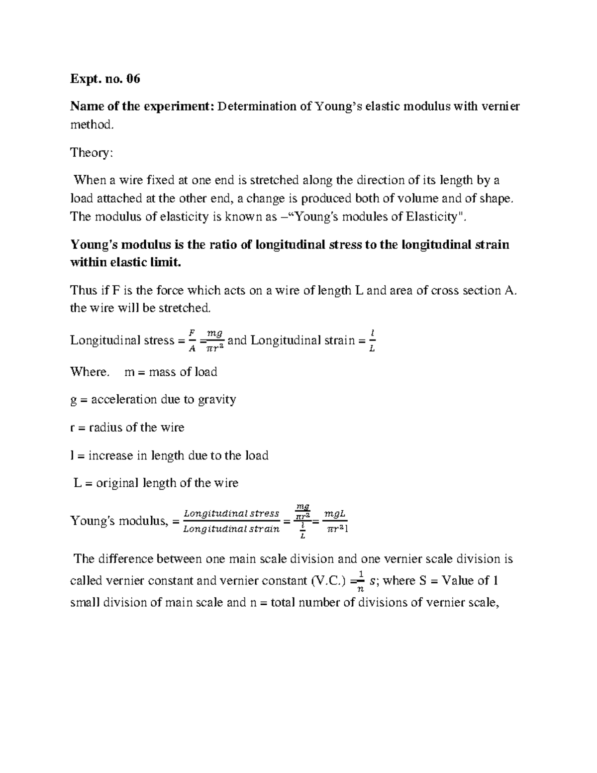 HSC 1st paper Expt 6 with value - Expt. no. 06 Name of the experiment: Determination of Young’s ...