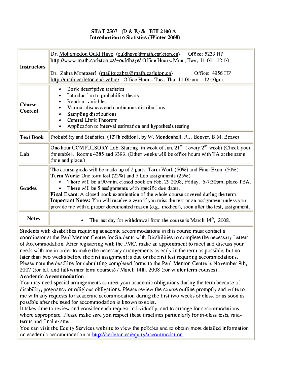 STAT2507 Course Outline - STAT 2507 (D & E) & BIT 2100 A Introduction ...