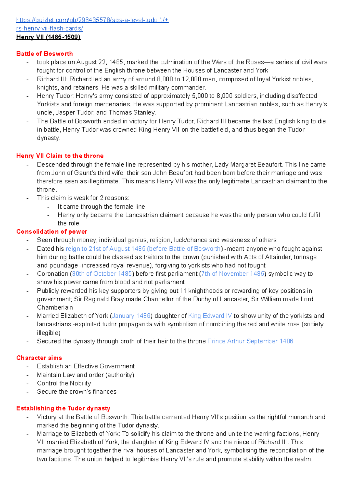 Henry VII (1485-1509) - Evidence document for essays - quizlet/gb ...
