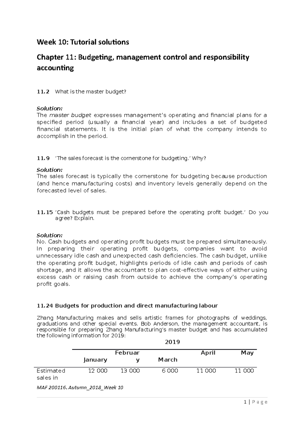 Week 10 Tutorial Discussion Questions - Week 10: Tutorial solutions Chapter 11: Budgeting, - Studocu