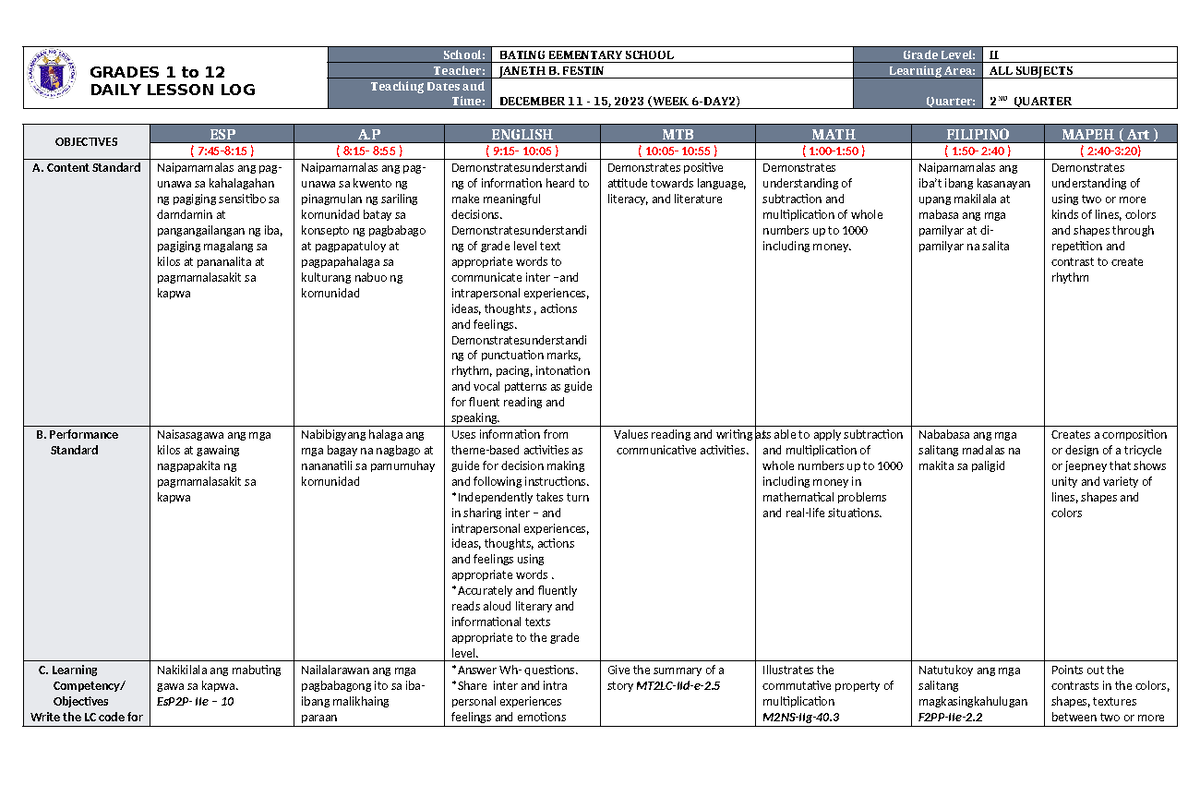 DLL ALL Subjects 2 Q2 W6 D2 - GRADES 1 to 12 DAILY LESSON LOG School ...