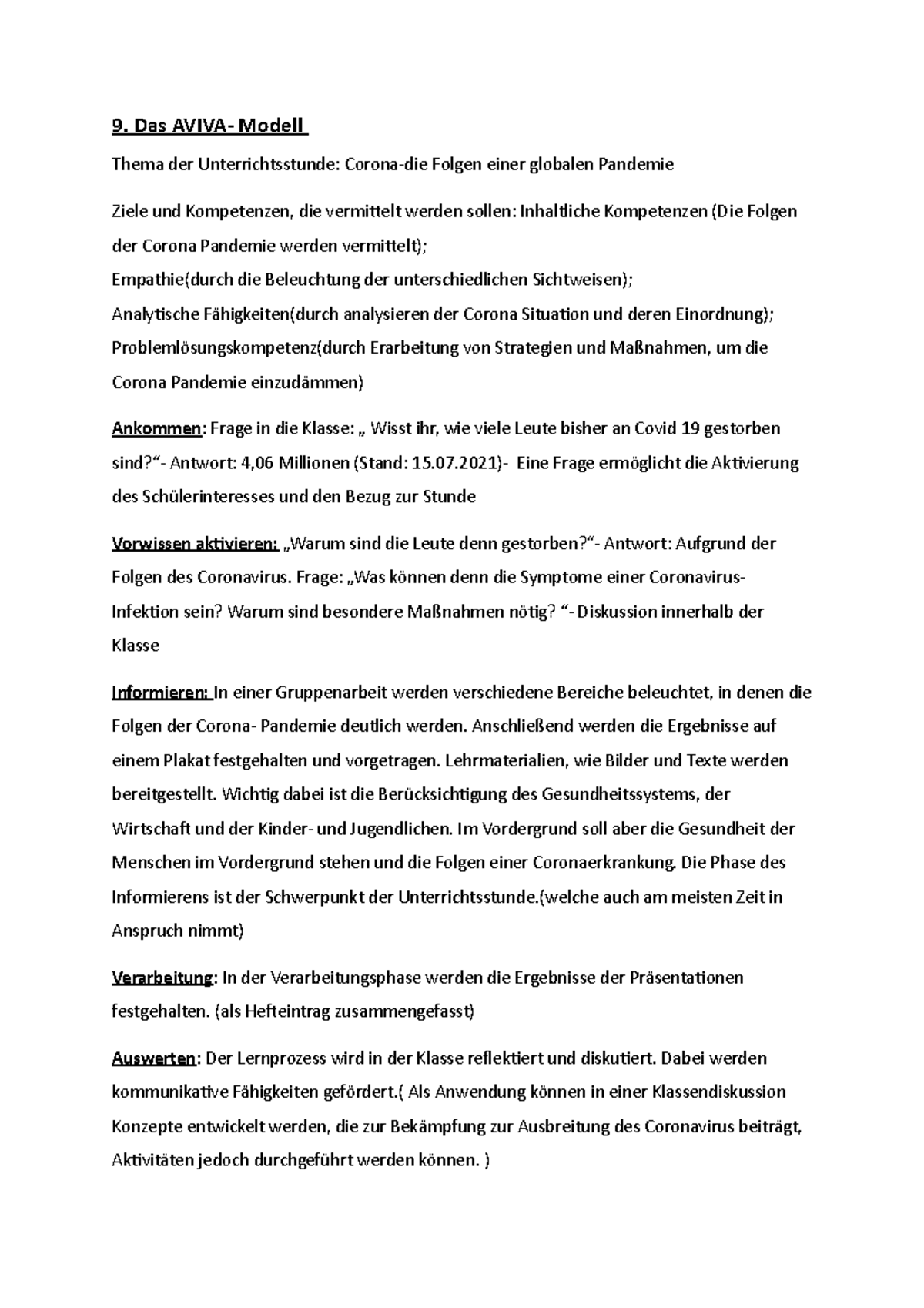 9. Das Aviva Modell - Aufgabe 9 - 9. Das AVIVA- Modell Thema der ...
