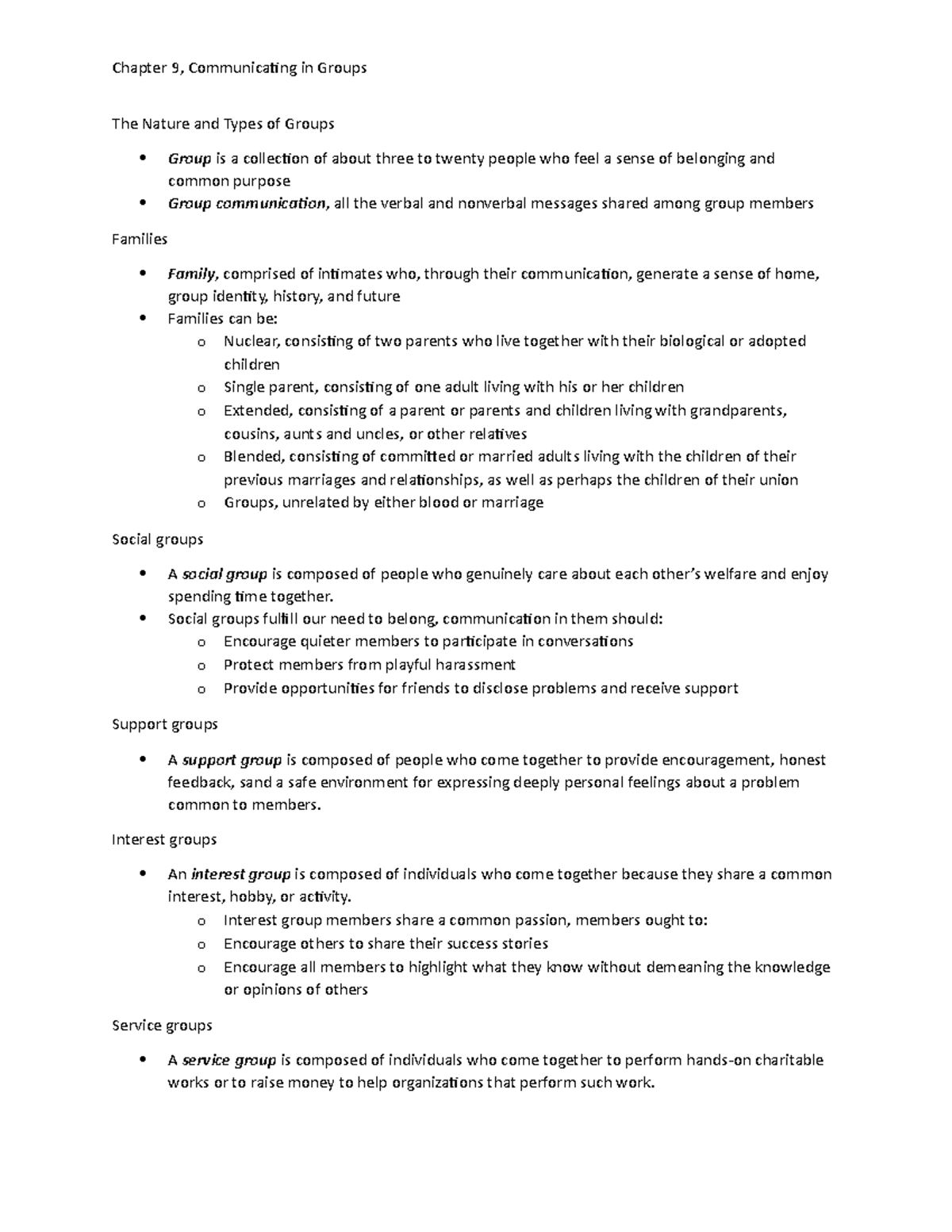 Speech Notes, Chapter 9 - The Nature and Types of Groups Group is a ...