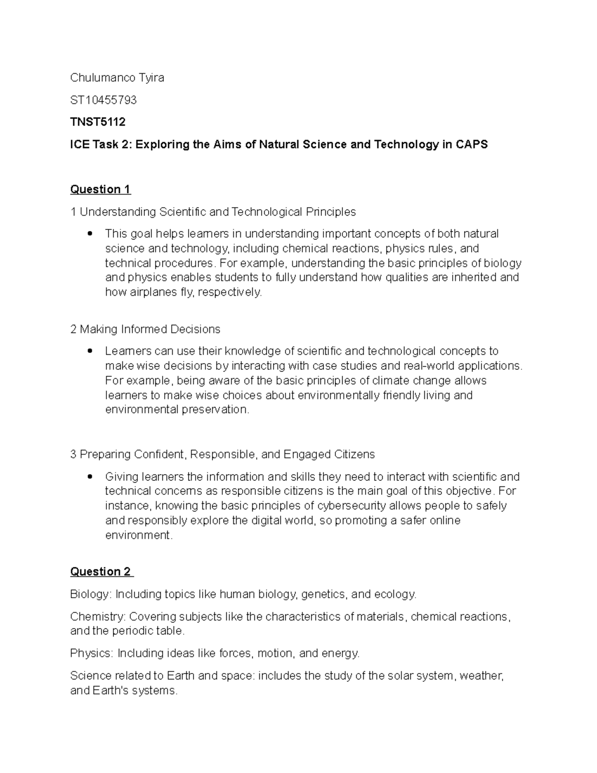 ICE Task 2 NSTech - Ice Task 2 - Chulumanco Tyira ST TNST ICE Task 2: Exploring the Aims of ...
