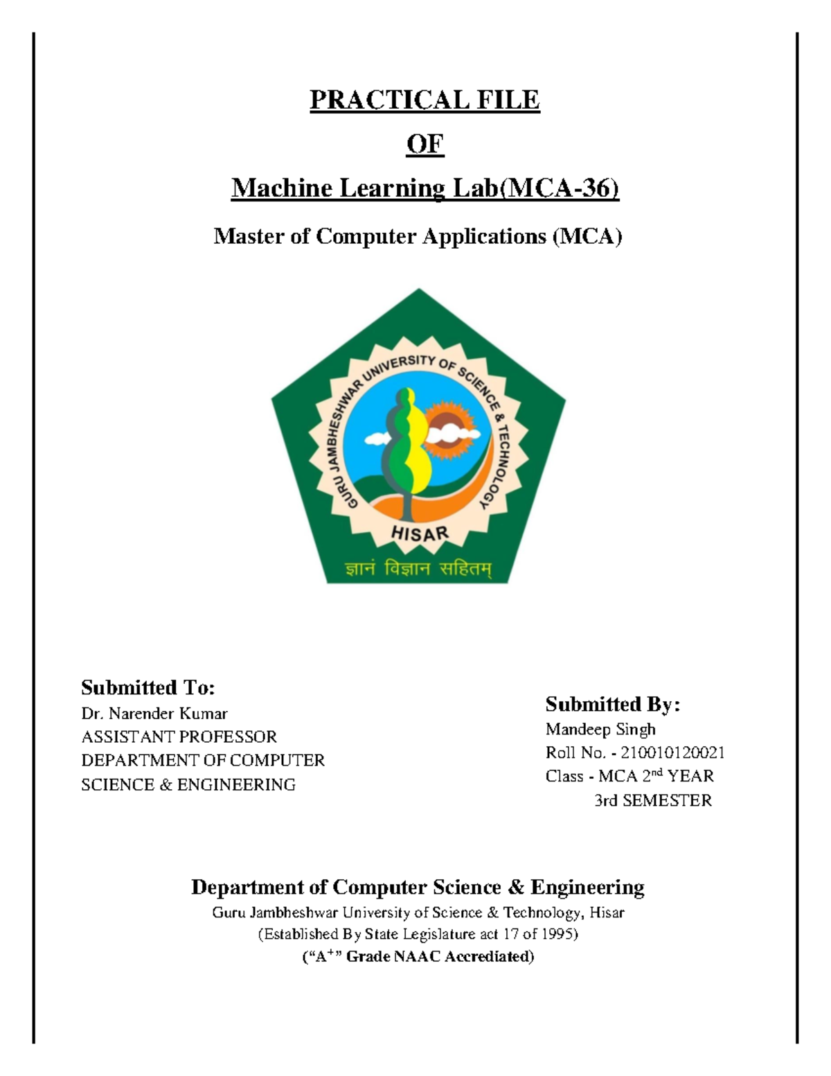 Machine learning - PRACTICAL FILE OF Machine Learning Lab(MCA-36) Master of Computer ...
