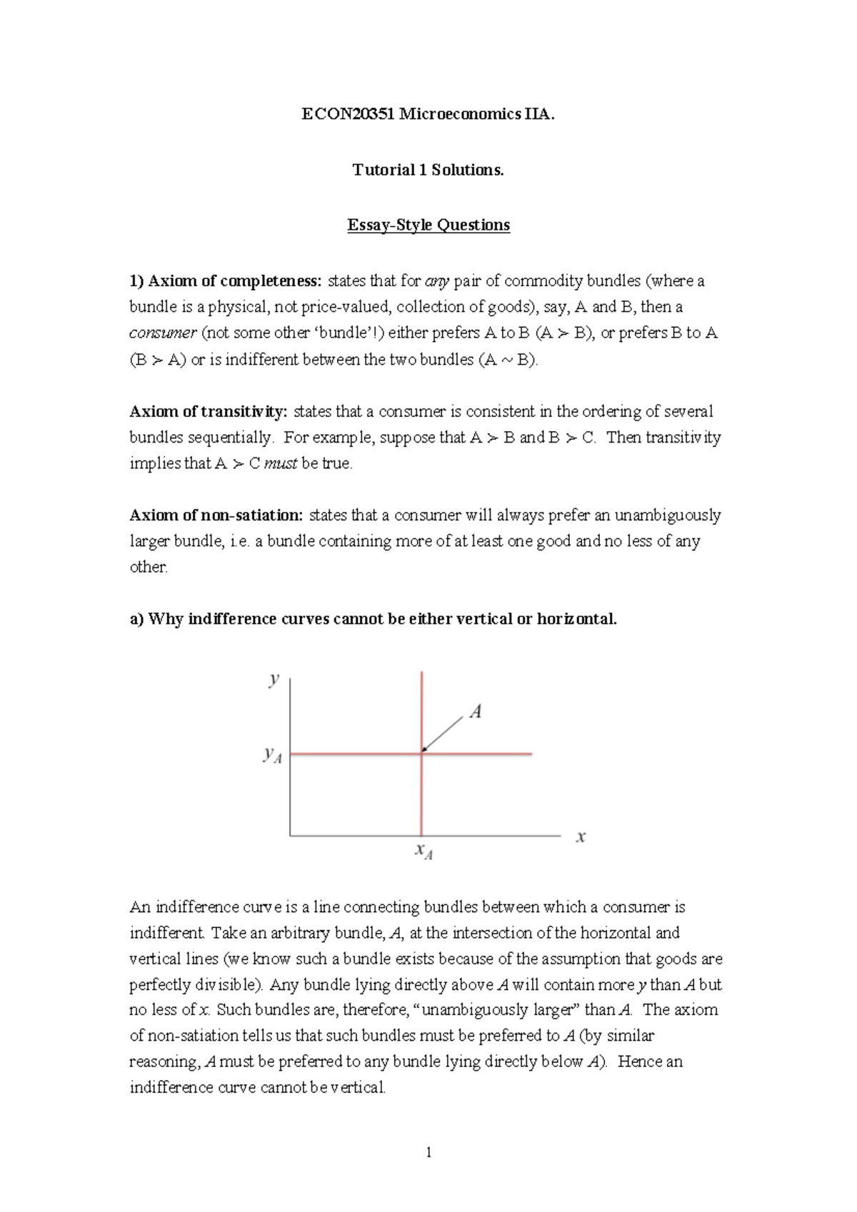 Tutorial work - Tutorial 1, answers - ECON20351 Microeconomics IIA ...