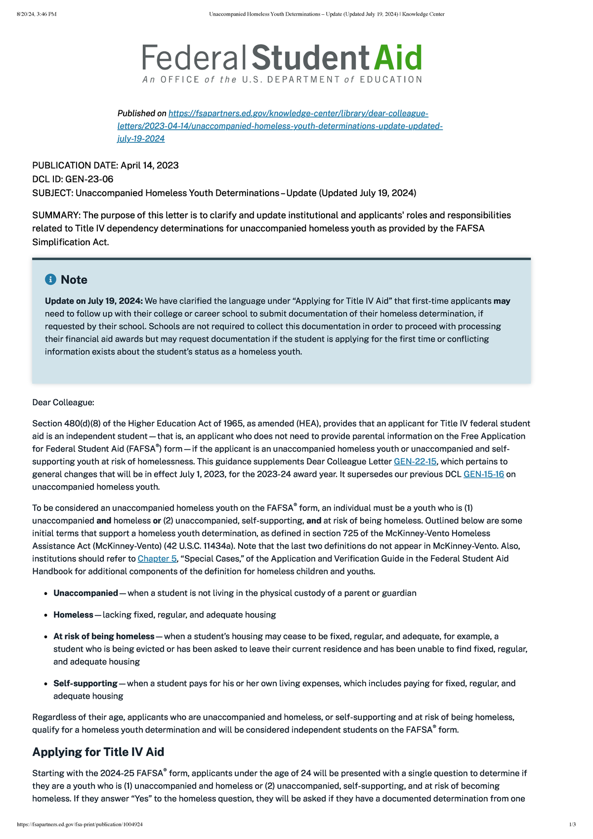 Unaccompanied Homeless Youth Determinations – Update (Updated July 19 ...