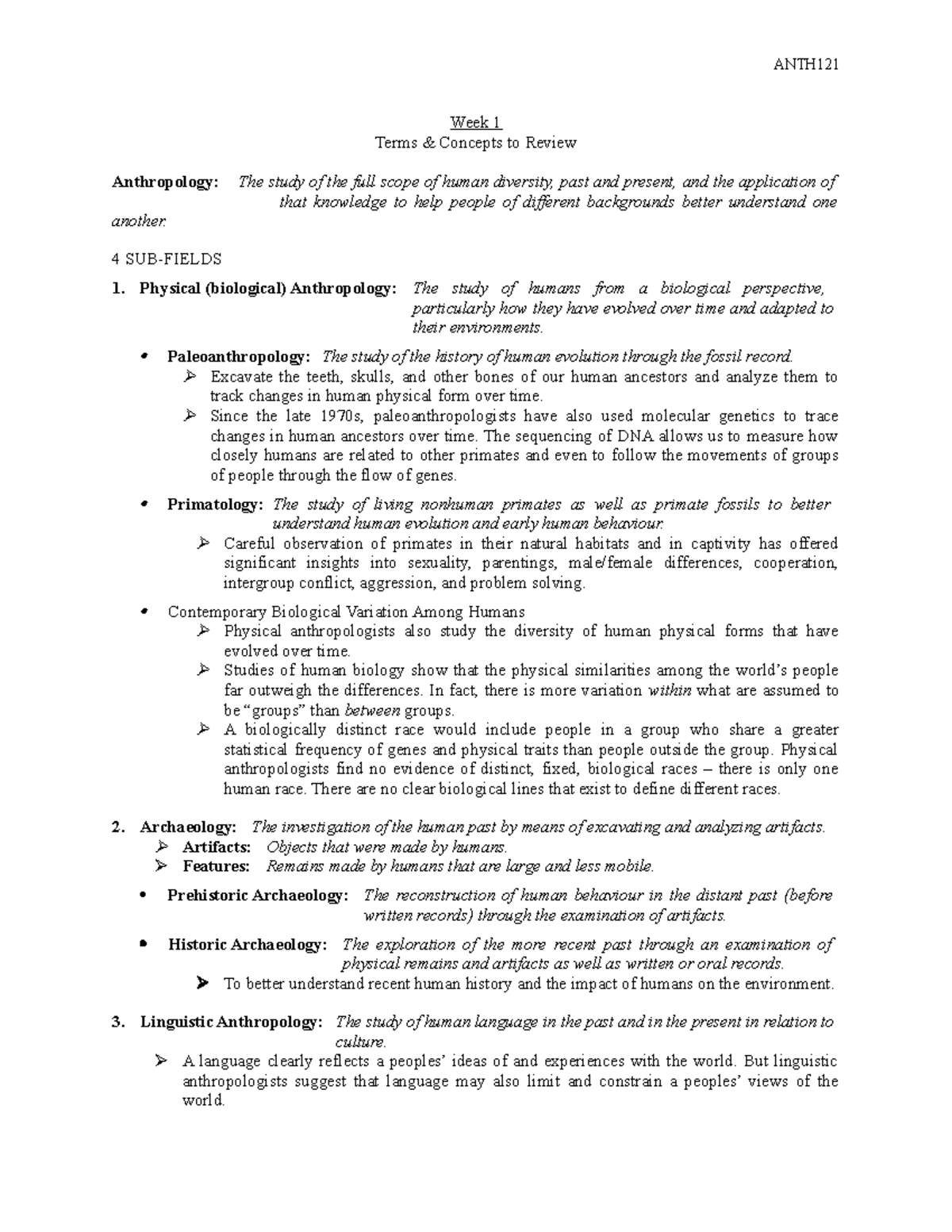 Week 1 - Introduction Maureen Bracewell - Week 1 Terms & Concepts to Review Anthropology: The ...