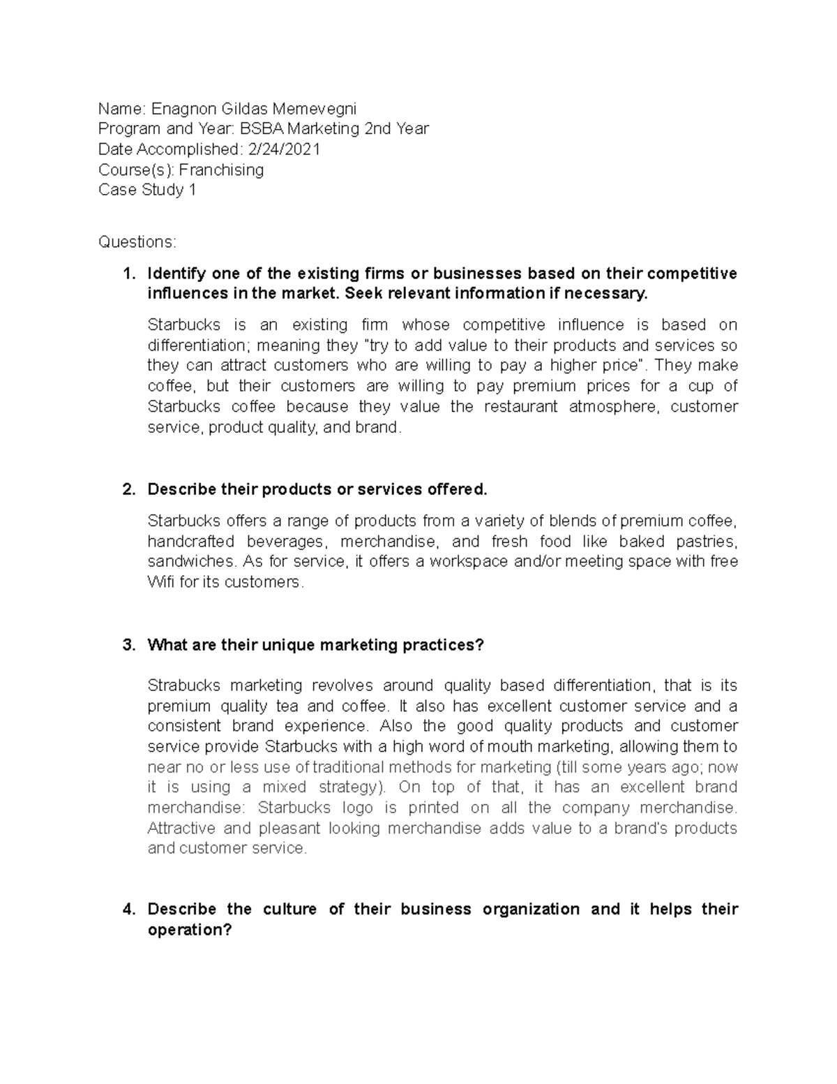 Course Work-Case Study 1 - Name: Enagnon Gildas Memevegni Program and ...