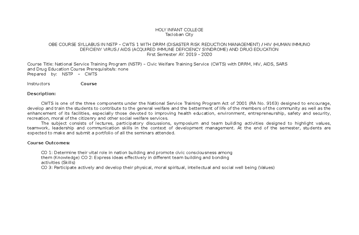 Nstp 1 syllabus 2019 2020 - HOLY INFANT COLLEGE Tacloban City OBE ...