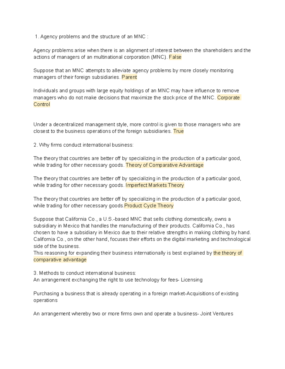 Chapter 1 Assignment - Agency problems and the structure of an MNC ...