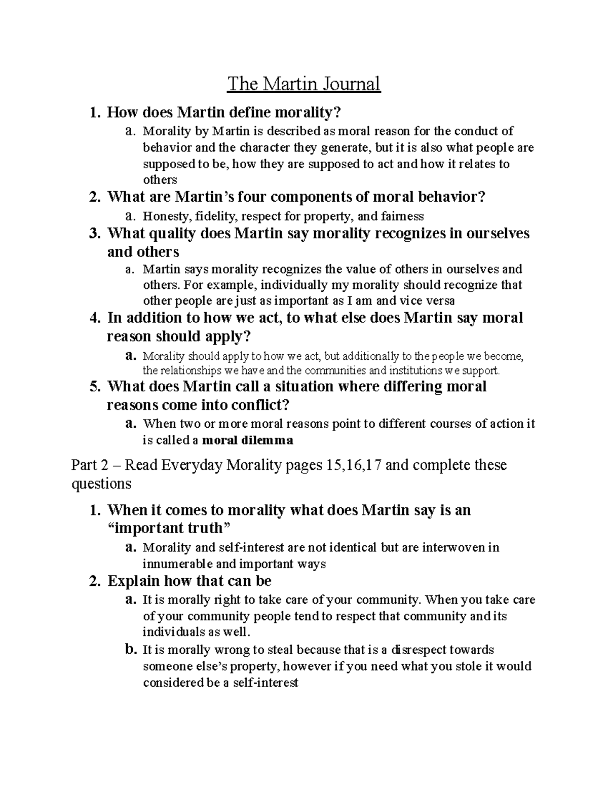 The Martin Journal - How does Martin define morality? a. Morality by ...