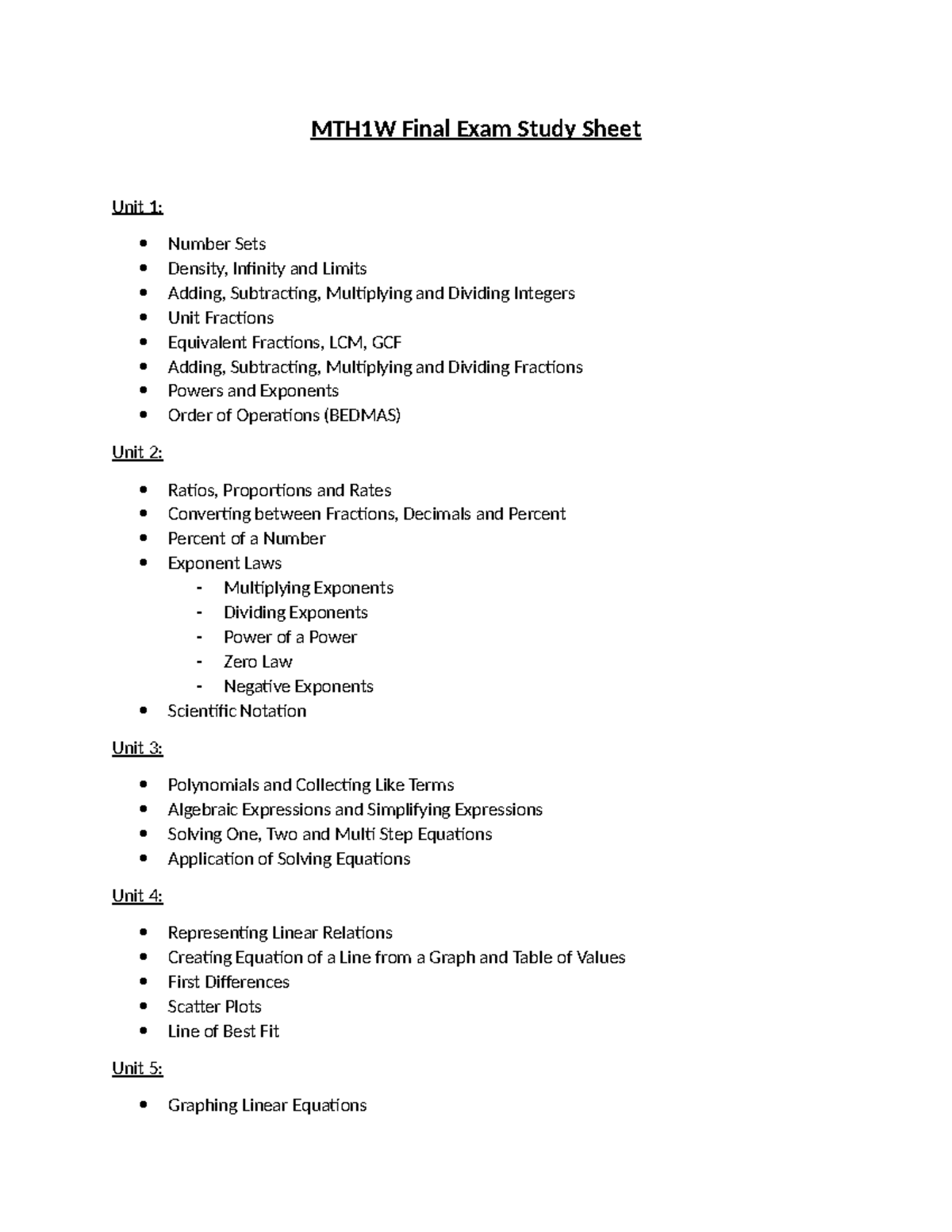 MTH1W Final Exam Study Sheet - MTH1W Final Exam Study Sheet Unit 1: Number Sets Density, - Studocu
