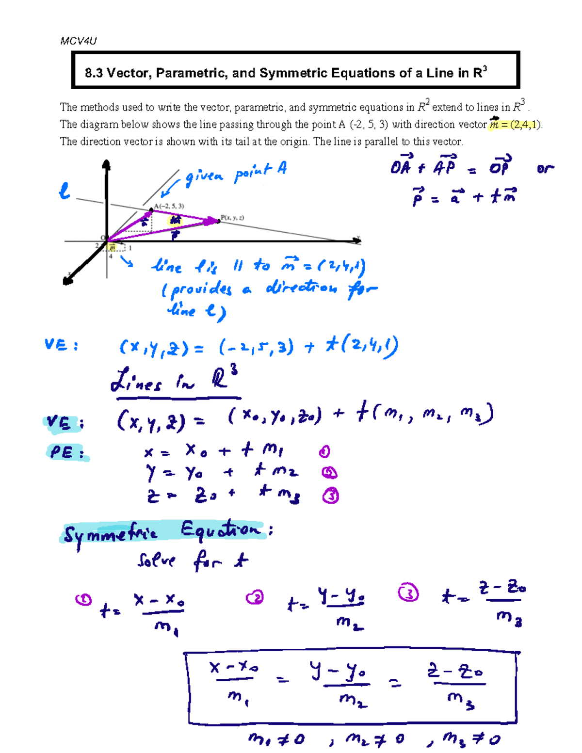 Lesson Notes 8.3 Solutions Vector and Parametric Equations of a Line in ...