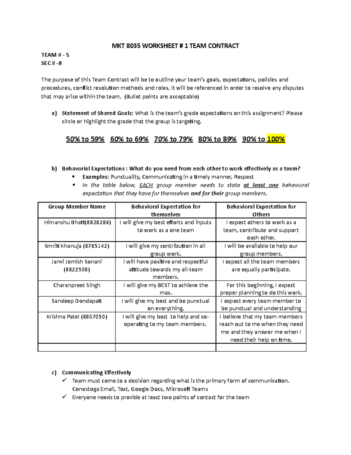 1 - Team Contract worksheet - MKT 8035 WORKSHEET # 1 TEAM CONTRACT TEAM ...