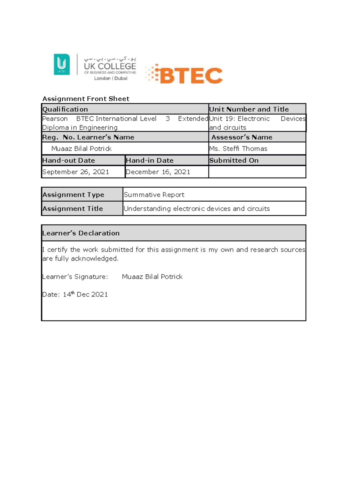 UNIT 19- Electronic devices and circuits (Muaaz Potrick) - Assignment ...