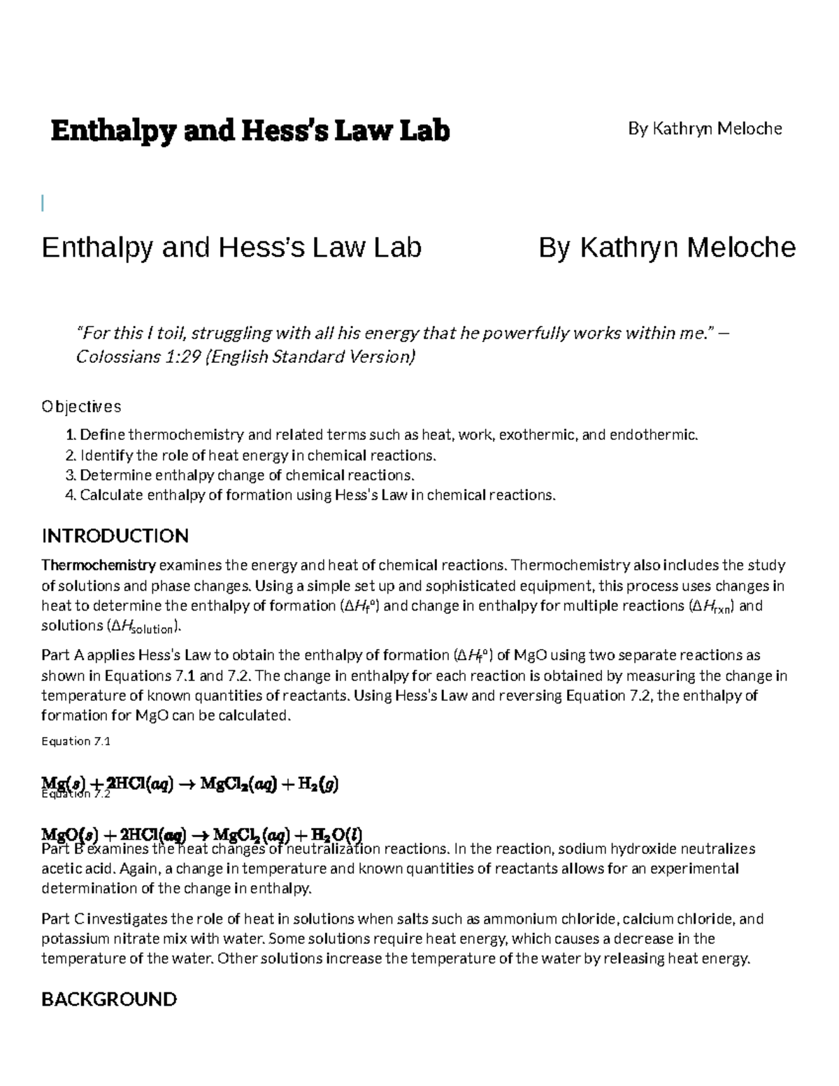 Hesslawlab - Hess's law lab for chem - Enthalpy and Hess’s Law Lab By ...