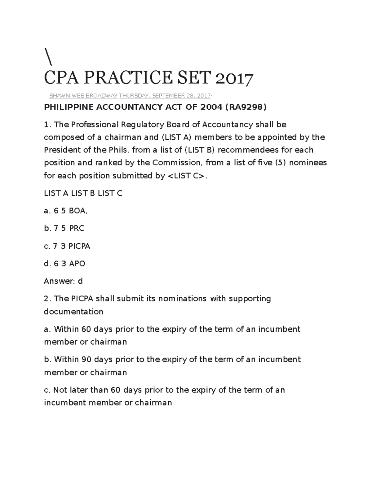 auditing theory - \ CPA PRACTICE SET 2017 SHAWN WEB BROADWAY·THURSDAY ...